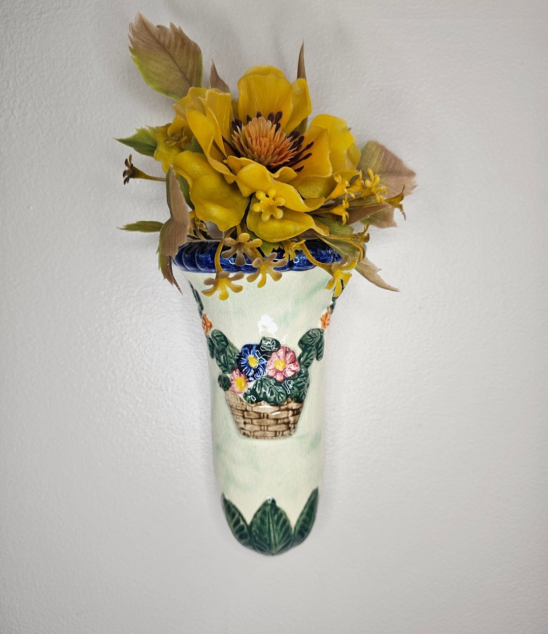 Vintage Japan Maruhon Ware Ceramic Wall Pocket With Colorful Floral ...