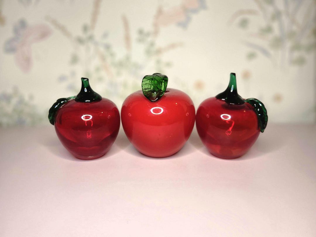 Vintage Art Glass Apple Trio | Hand Blown Red Glass Apples With Green ...