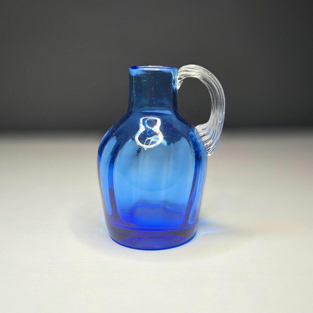 Mid Century Hand Blown Blue Optic Swirl Small Glass Jug 1960s Pilgrim ...