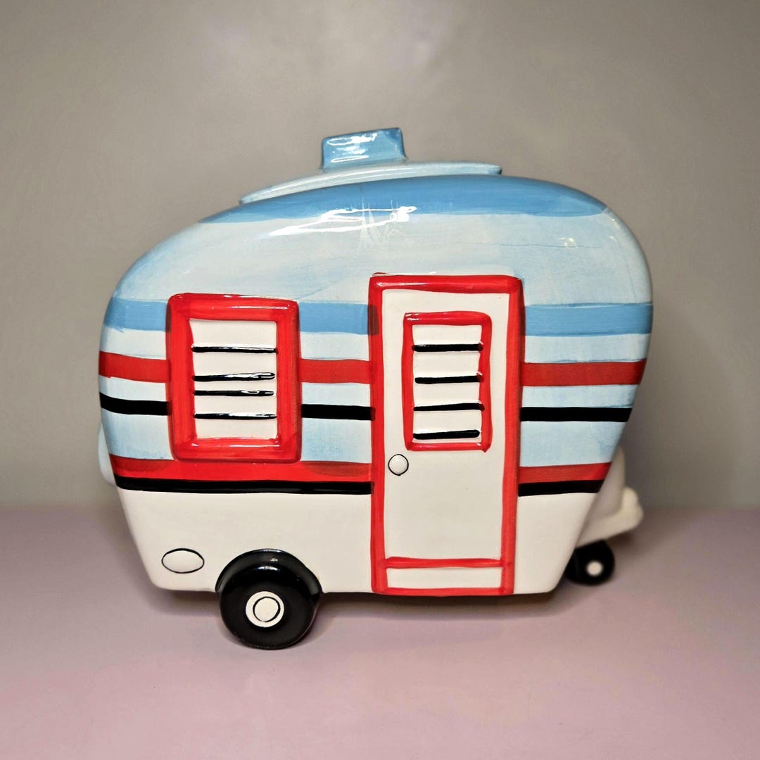 Ceramic Blue Camper Trailer Cookie Jar or Retro Eclectic Planter Box - Etsy