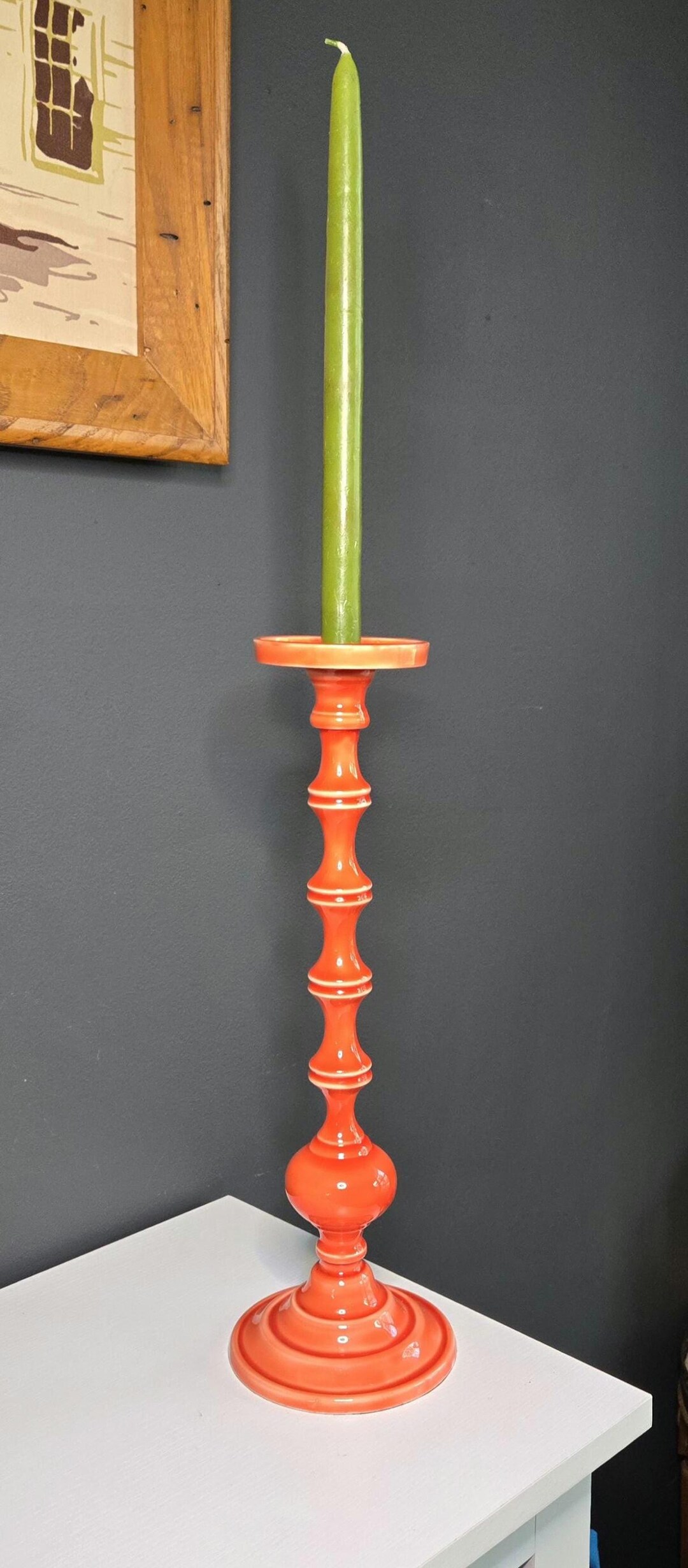 Tall Bright Ceramic Glazed Orange Coral Candlestick Holder 15.5