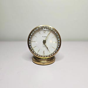 Vintage Florn Travelers Wind up Dial Gold Alarm Clock Rhinestone Design ...
