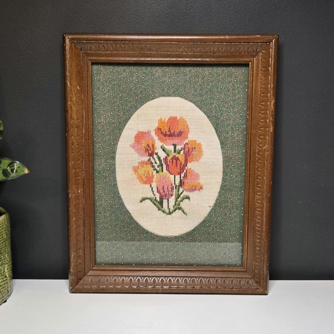 Floral Embroidery in Antique Carved Wood Frame Framed Antique Detailed ...