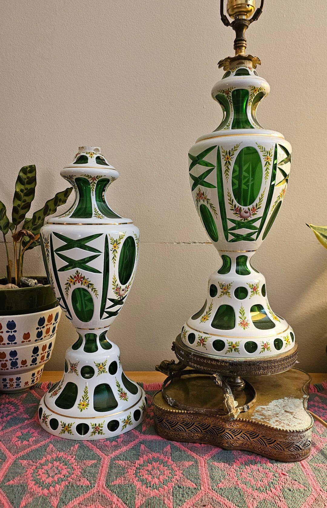 2 Antique Bohemian Czech Lamp White Opaline Glass Overlay Cut to ...