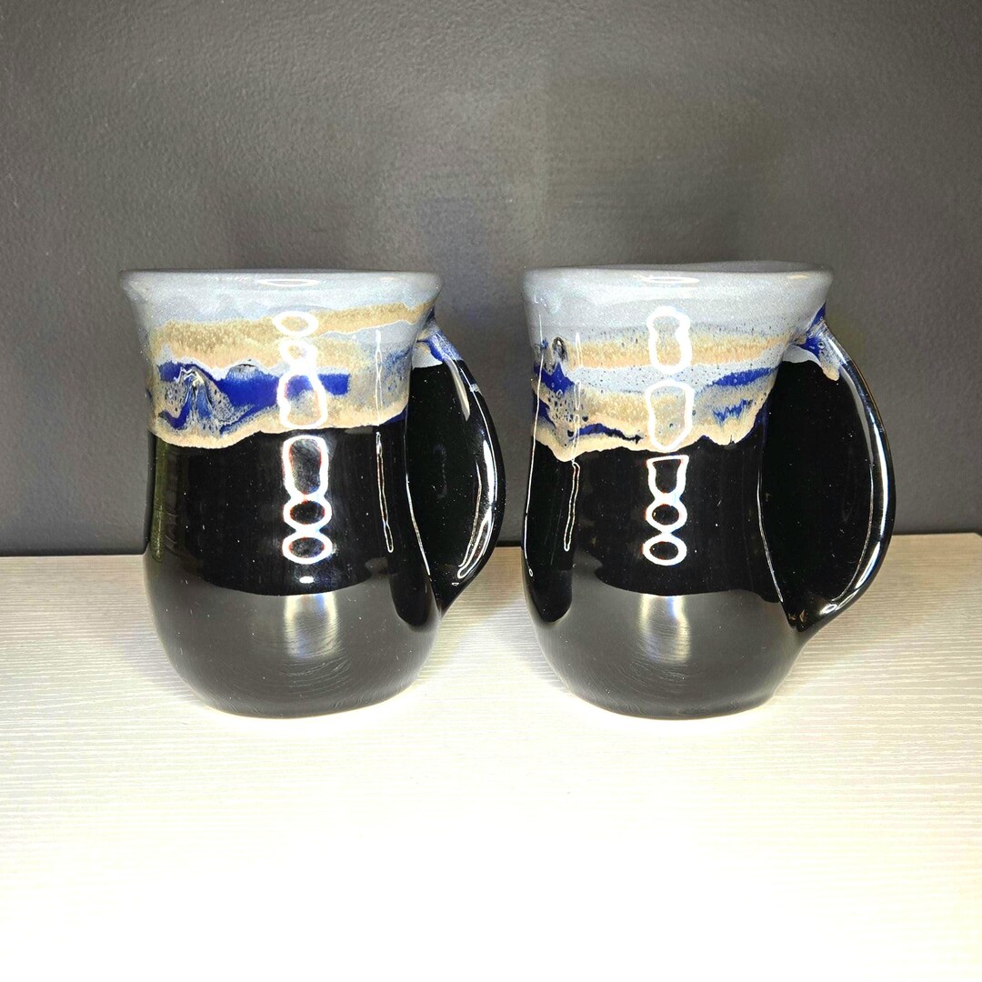 Set of 2 Neher Signed 2021 Pottery Right-hand Handwarmer Mug Drip Glaze ...
