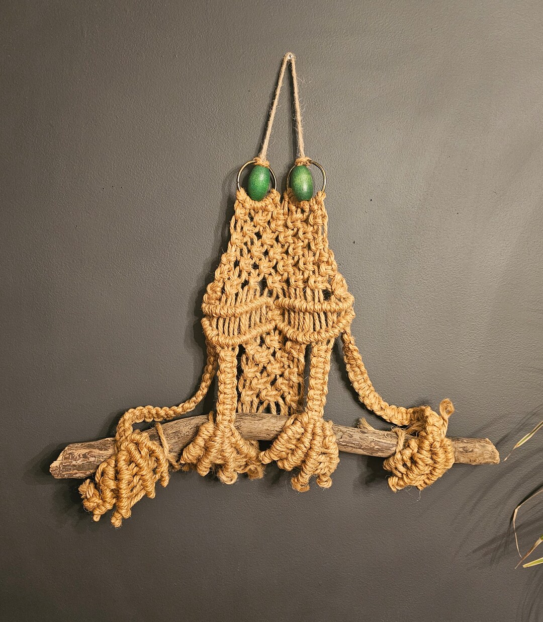 Vintage Mid-century 1970s Green Macrame Frog on Wood Branch Wall ...
