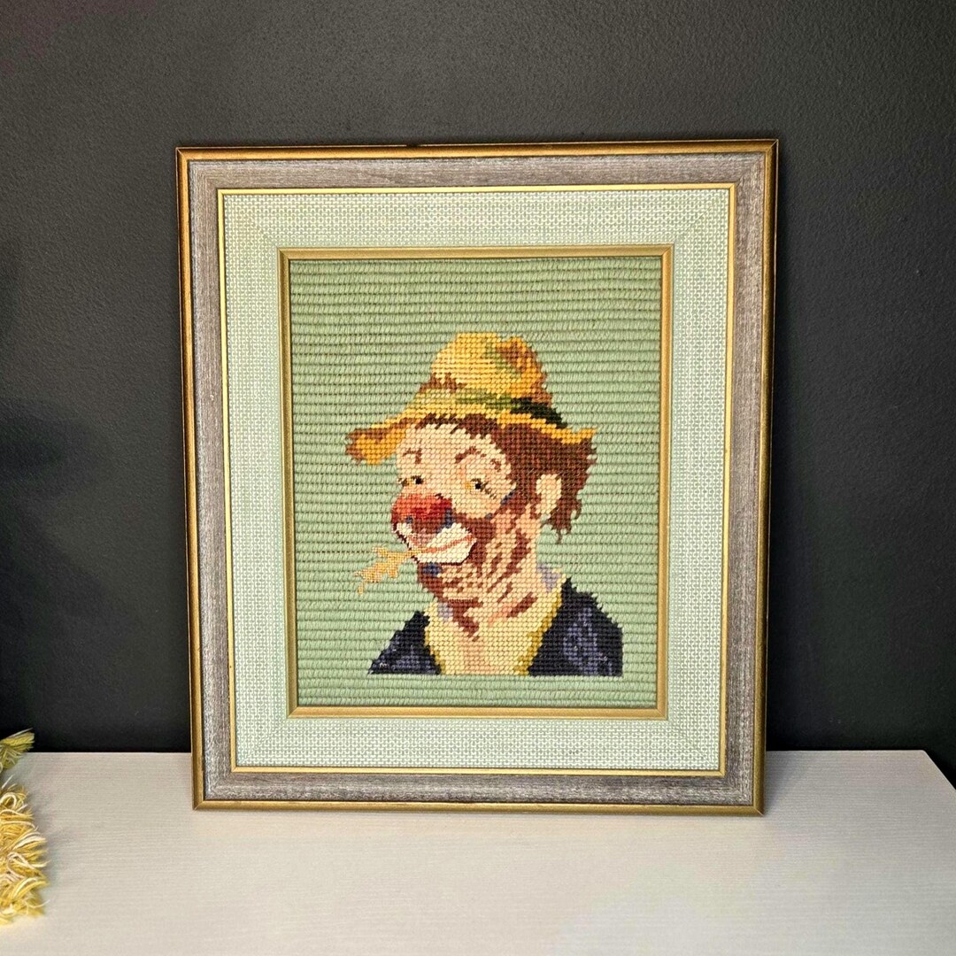Vintage Framed Needlepoint Cross Stitch Clown Mid Century MCM Wood and ...