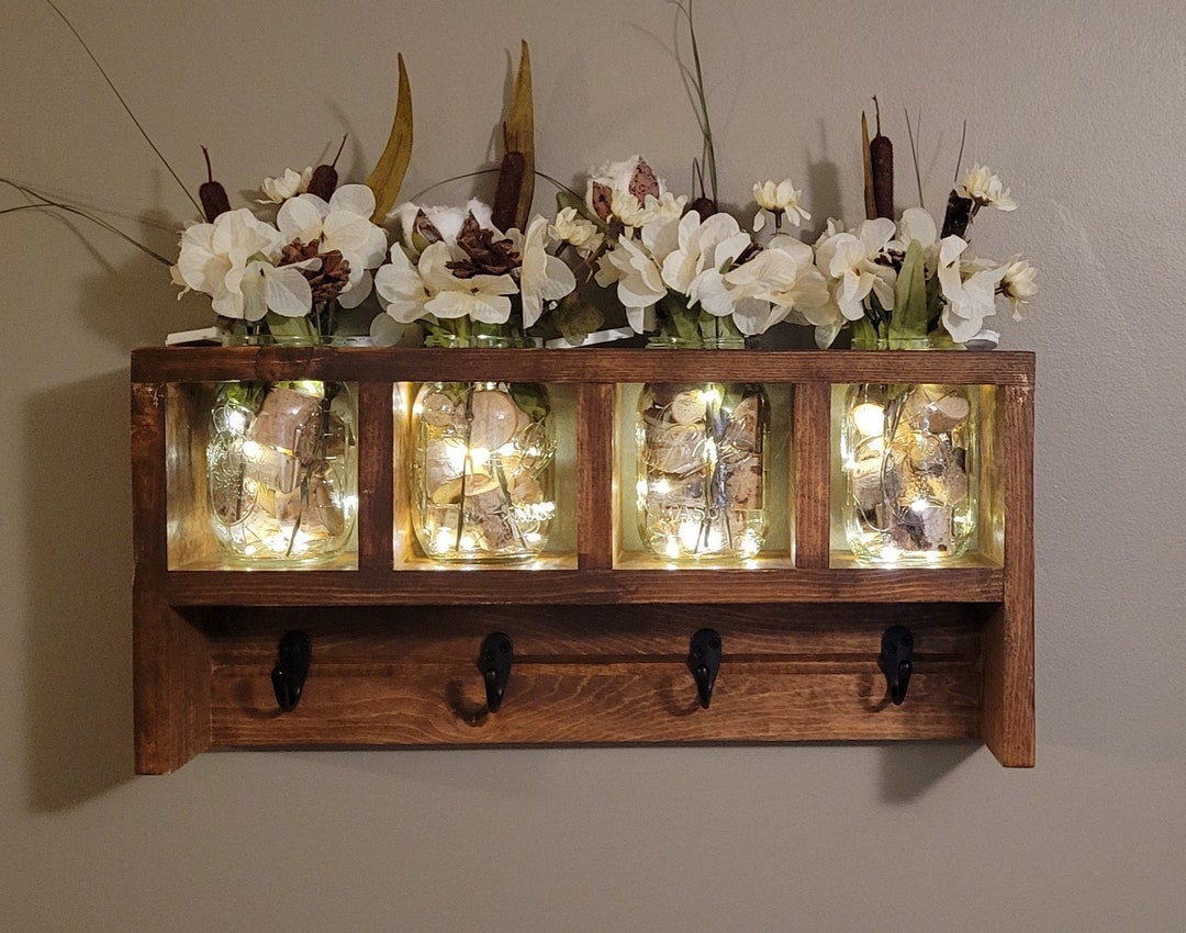 Home Decor Mason Jar Shelf With Hooks. Wall Decor and Storage for Mugs ...