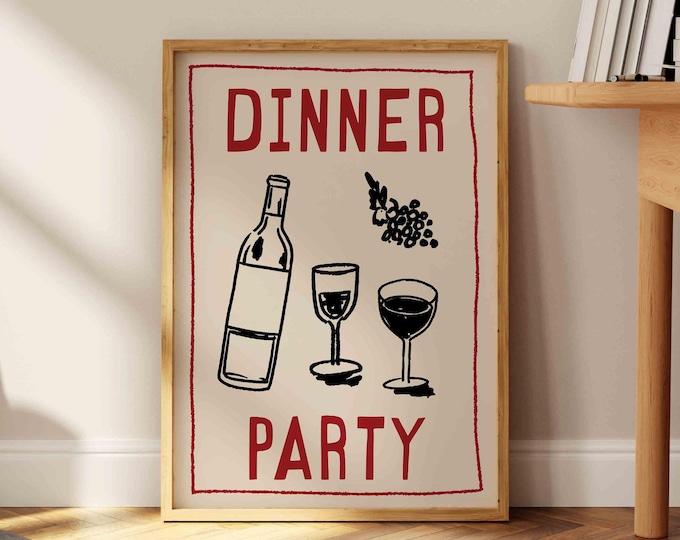 Retro Dinner Party Print, Food and Drinks Illustrations Poster ...