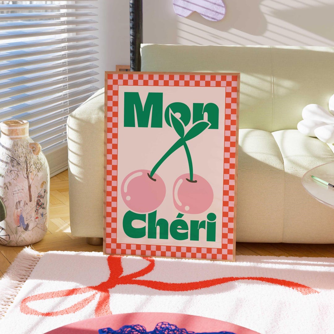 Trendy Cherry Poster, Retro Wall Art, Cherry Illustration Print, French ...