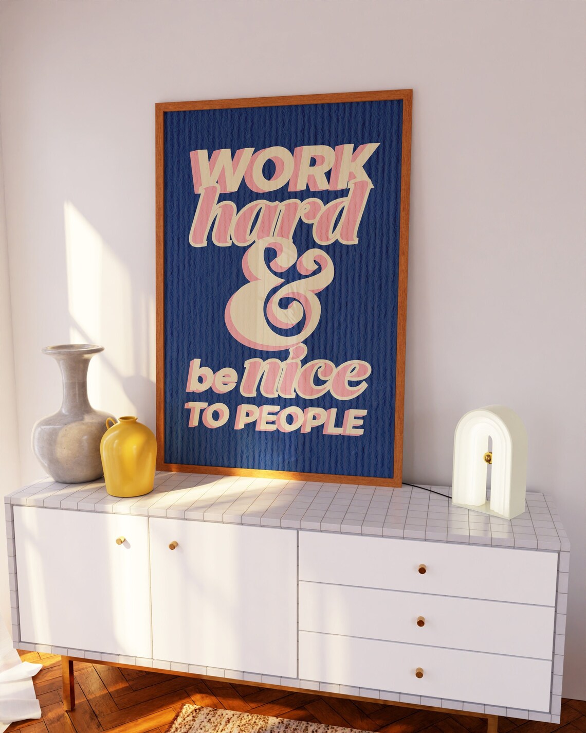 Work Hard Be Nice Art Print, Navy Blue Typography, Inspirational Office ...