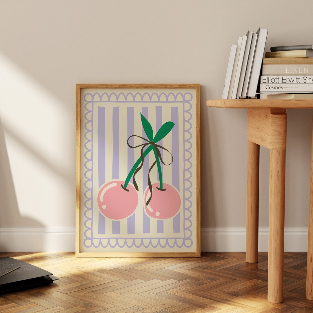 Vintage Cherry Bow Poster, Coquette Wall Art, Hand-illustrated, Pastel ...