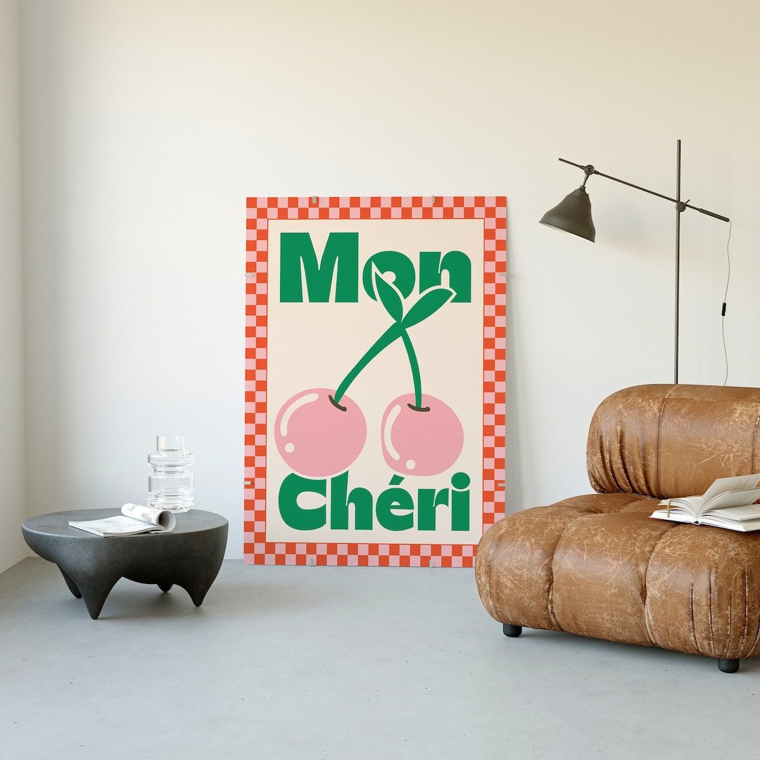 Trendy Cherry Poster, Retro Wall Art, Cherry Illustration Print, French ...