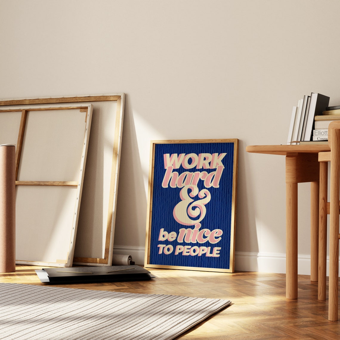Work Hard Be Nice Art Print, Navy Blue Typography, Inspirational Office ...
