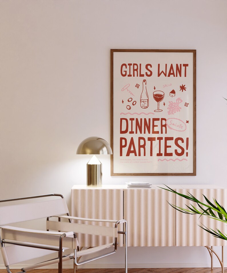 Girls Dinner Party Print, Food & Drink Illustration, Kitchen Bar Decor ...