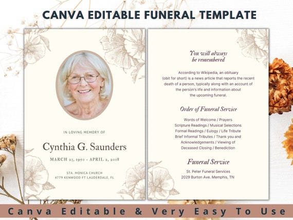 Funeral Program Template Funeral Guest Book Funeral Cards | Etsy Canada
