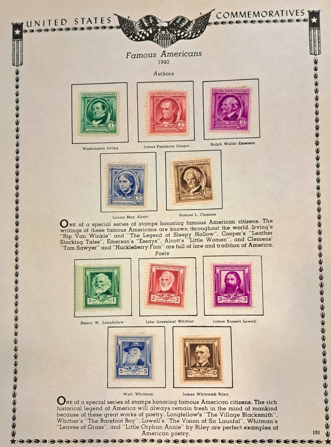 1940 Great Americans Postage Stamp Series - Authors & Poets - Etsy