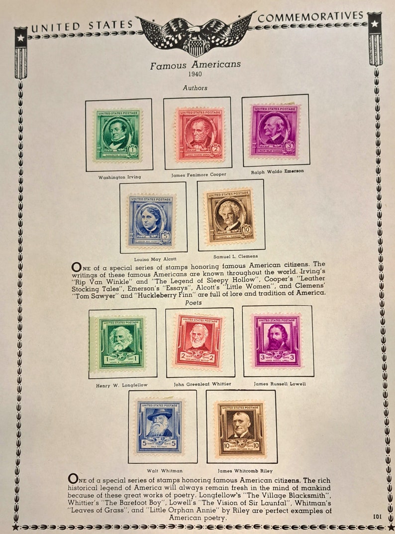1940 Great Americans Postage Stamp Series - Authors & Poets - Etsy