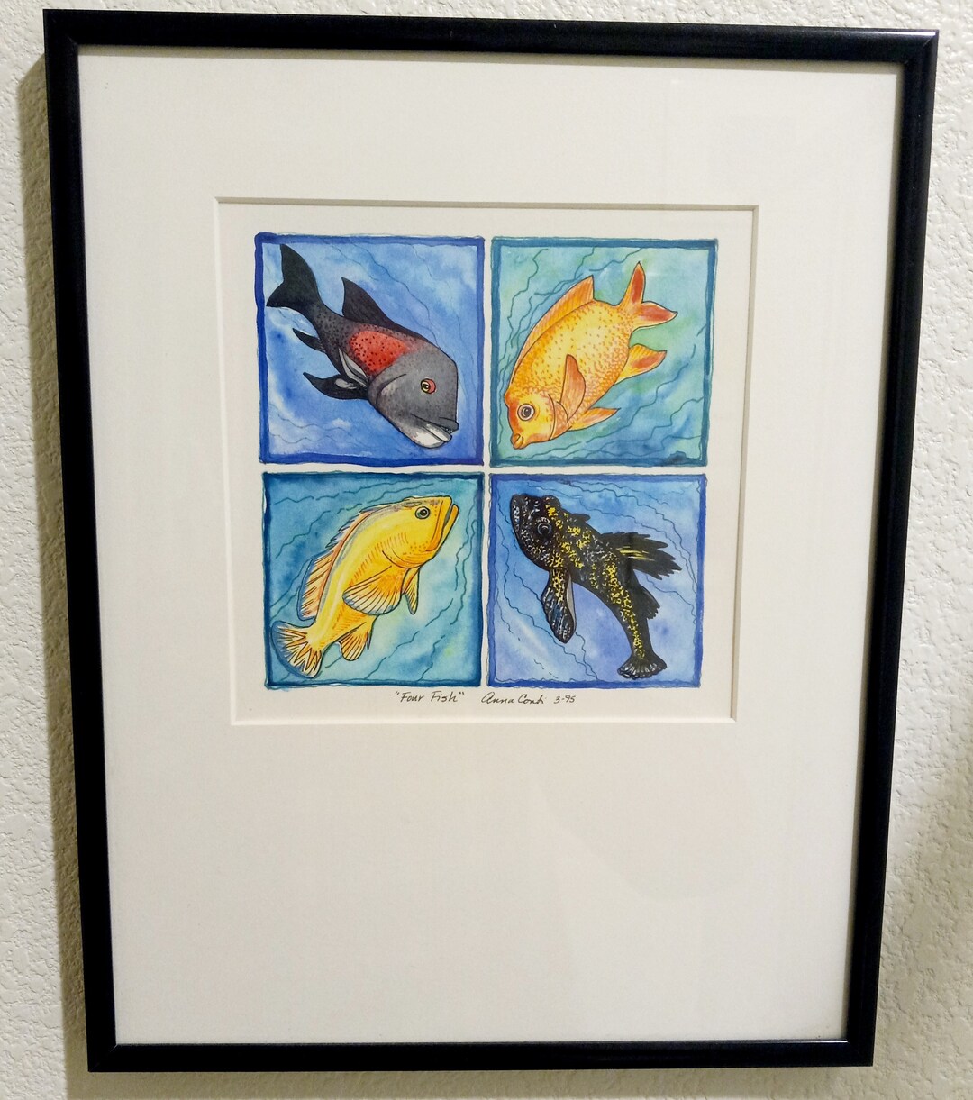 Vintage Original Watercolor "four Fish" - SF Artist Anna L. Conti 1995 ...