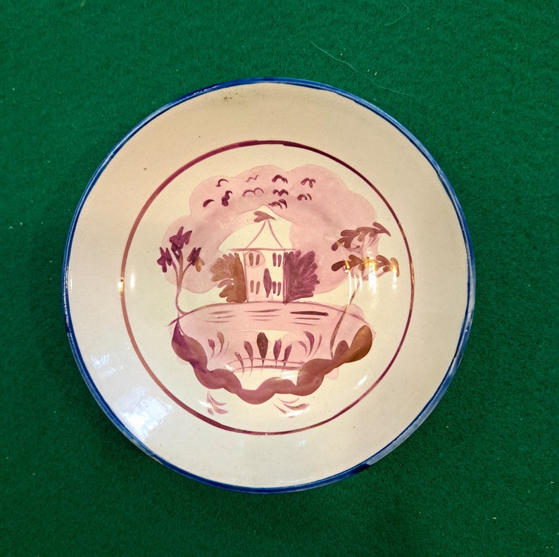 Very Rare Vintage Small 4.5" Staffordshire Pink Luster Plate Blue Trim ...