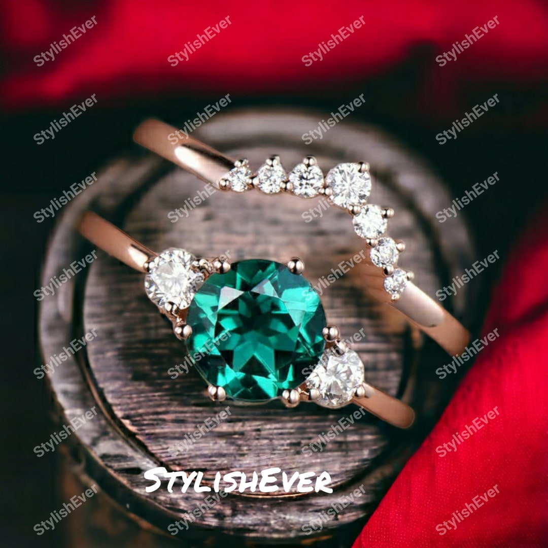 Three Stone Emerald Engagement Ring Set Rose Gold Emerald Ring Vintage ...