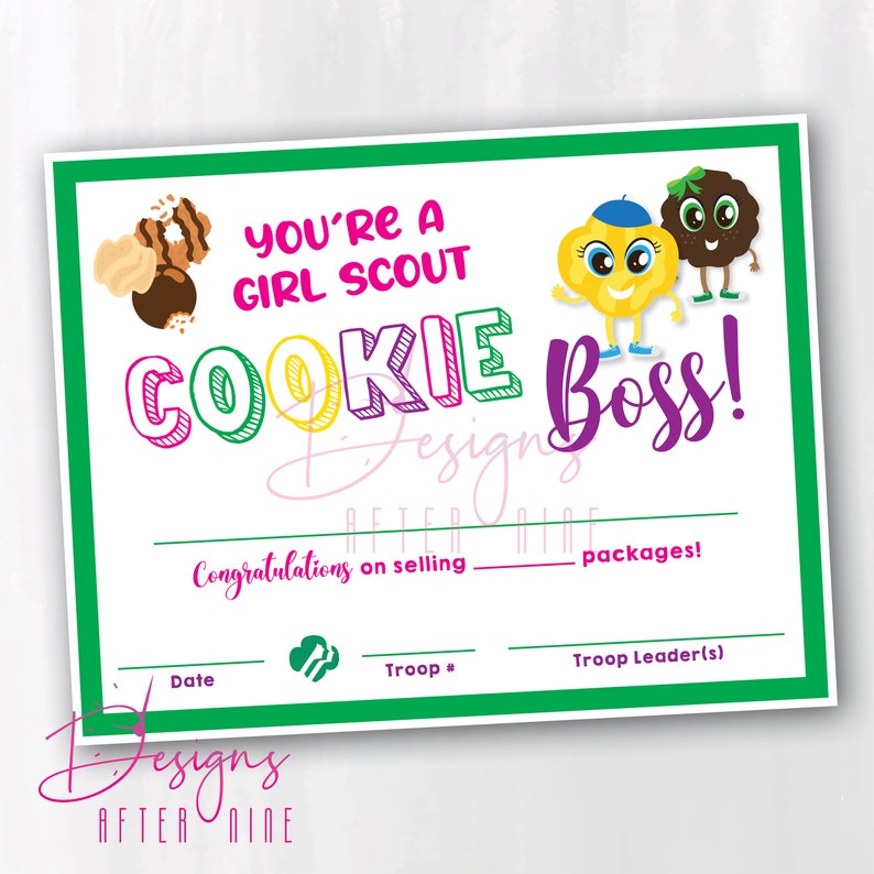 Printable Girl Scout Cookie Sales Certificate Award Instant - Etsy
