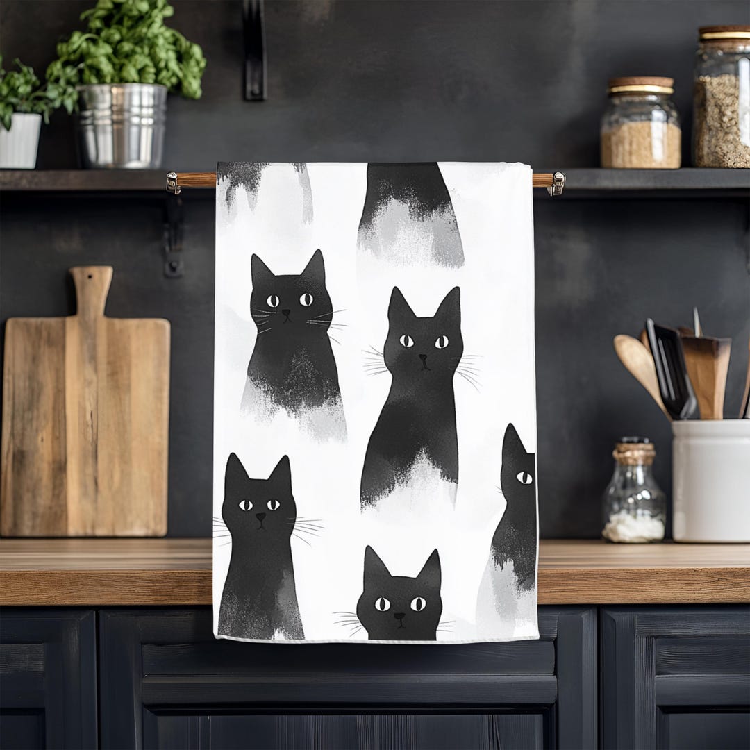 Whimsical Cat Tea Towels,cute Kitchen Decor, Black Cat Lover Gift ...