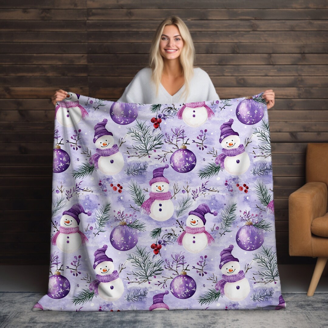 Purple Ornament Snowman Velveteen Blankets, Cute Snowman Blanket ...