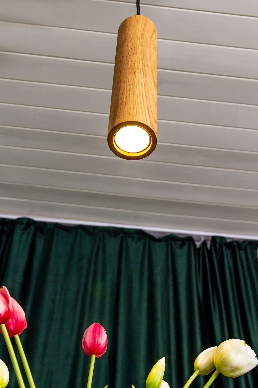 Wood Pendant Lampshade Over Dining Table, Wood Hanging Lamp ...