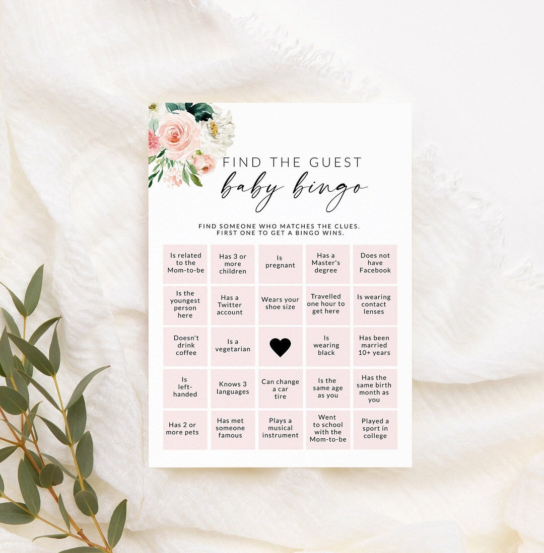Baby Shower Game, Floral Baby Shower Bingo, Find the Guest Bingo Game ...