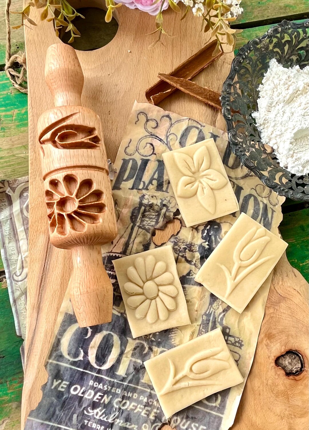 3 Pattern Wooden Cookie Rolling Pin - Multi-design Dough Roller ...