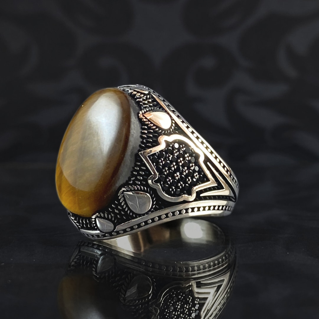 Brown Stone Silver Ring, Natural Tiger Eye Stone Ring, Turkish Handmade ...