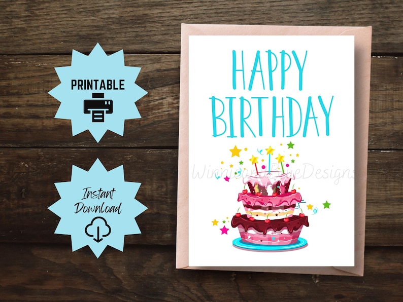 Printable Birthday Card, Happy Birthday Card, Cute Birthday Cake Card ...
