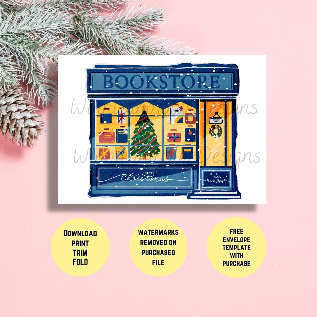 Printable Christmas Bookstore Card, Merry Christmas Happy New Year ...