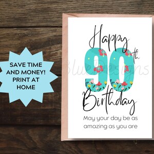 Floral 90th Birthday Card: Printable Milestone Gift (PDF) - Etsy