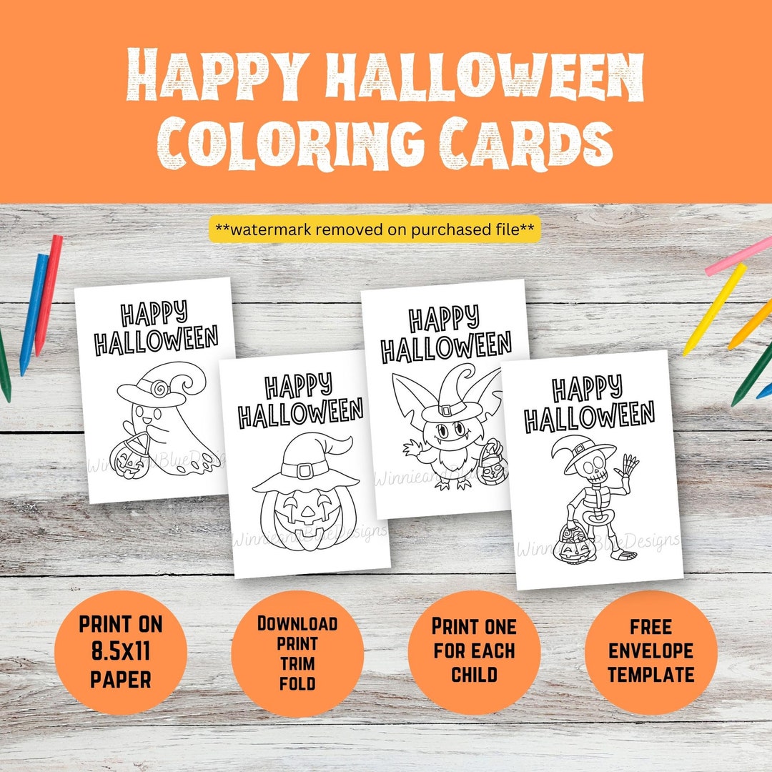 Printable Halloween Coloring Cards Set - Ghost, Pumpkin, Bat, Skeleton ...