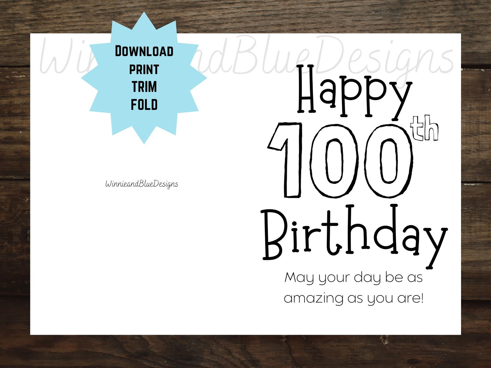100th Birthday Card Printable, Simple Happy 100 Birthday Card, Grandma ...