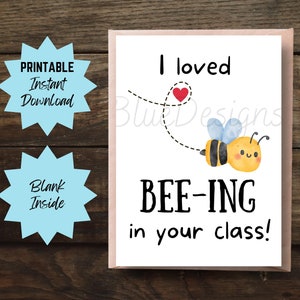 Printable Teacher Thank You Card, Bee Card for Teacher Appreciation, I ...