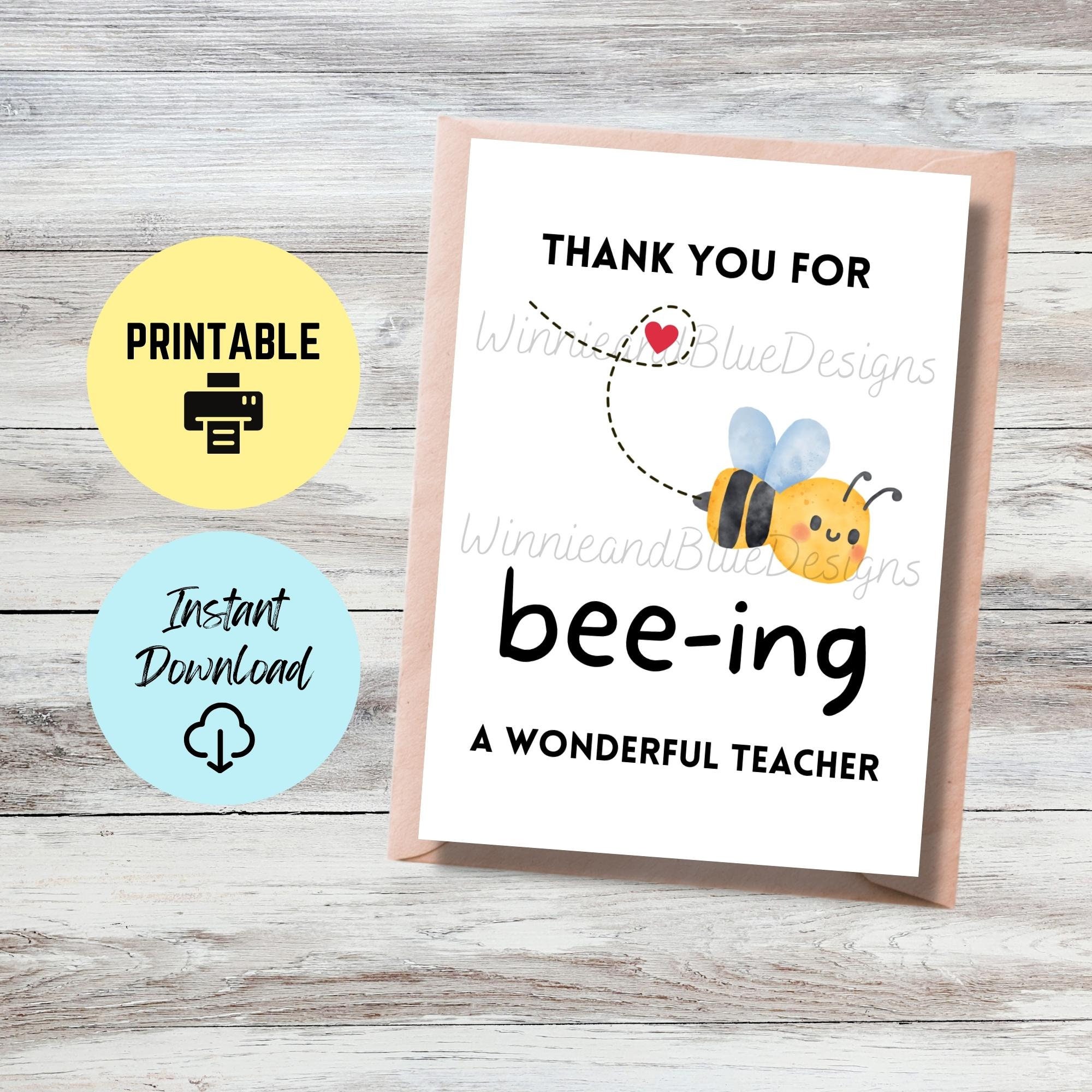 Printable Teacher Thank You Card, Bee Card for Teacher Appreciation ...