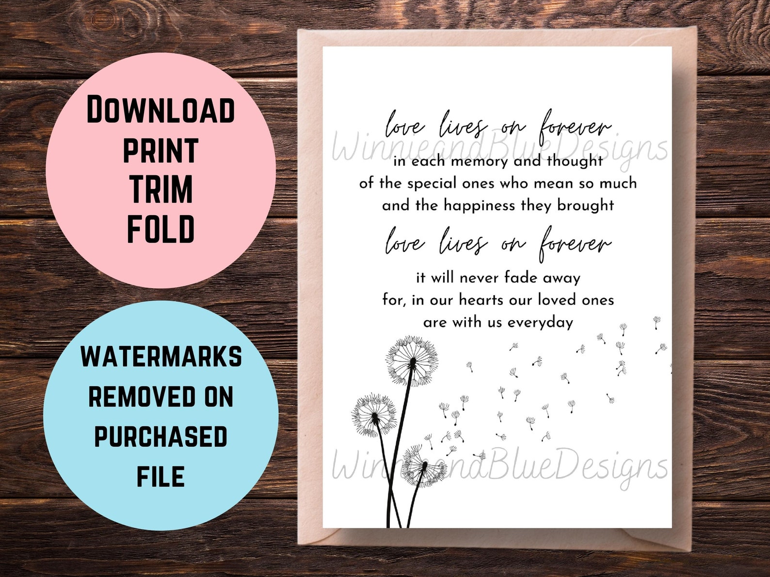 Condolences Card Printable, Love Lives on Grief Card, Dandelion ...
