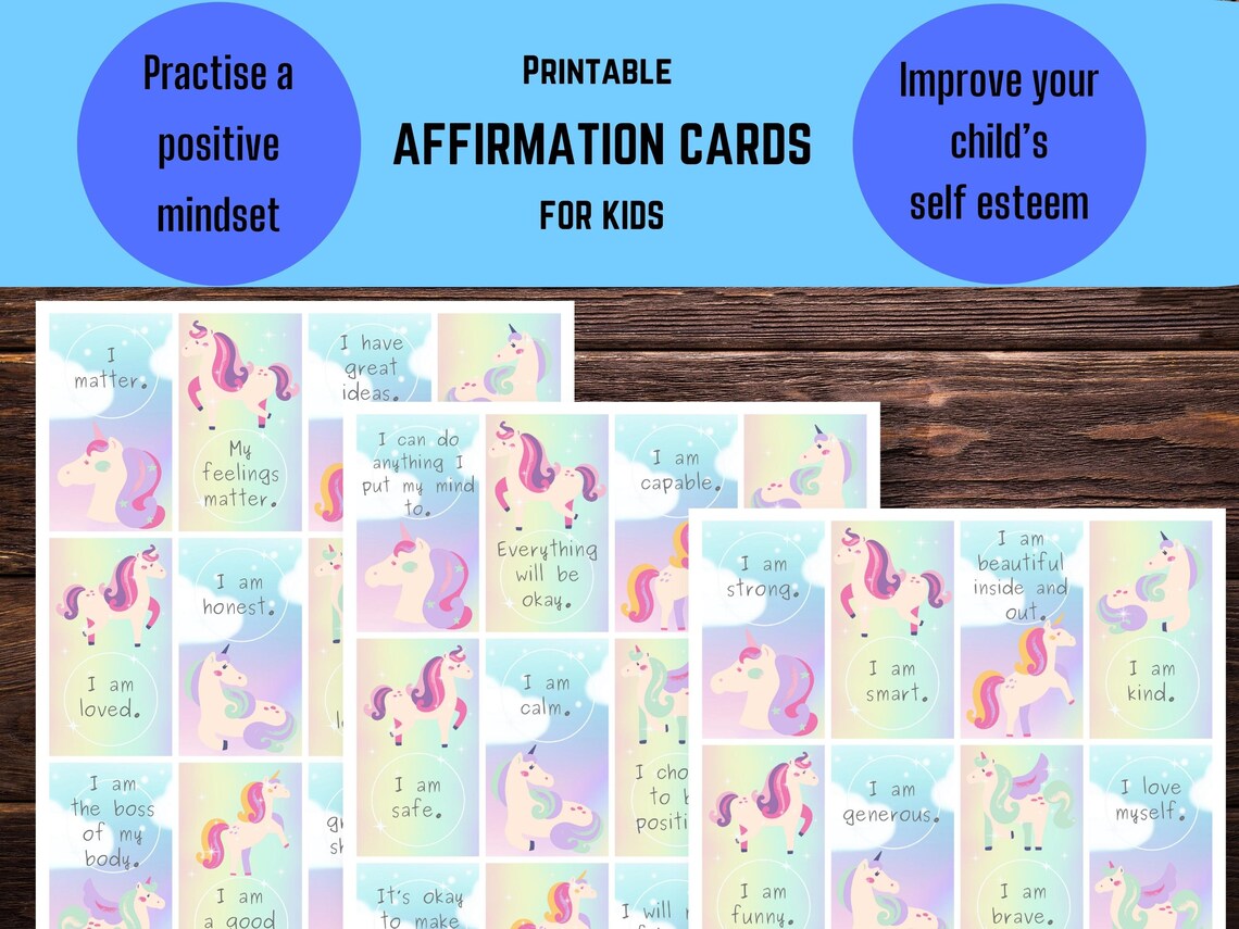 Printable Affirmation Cards, Kids Unicorn Affirmation Cards, 36 ...