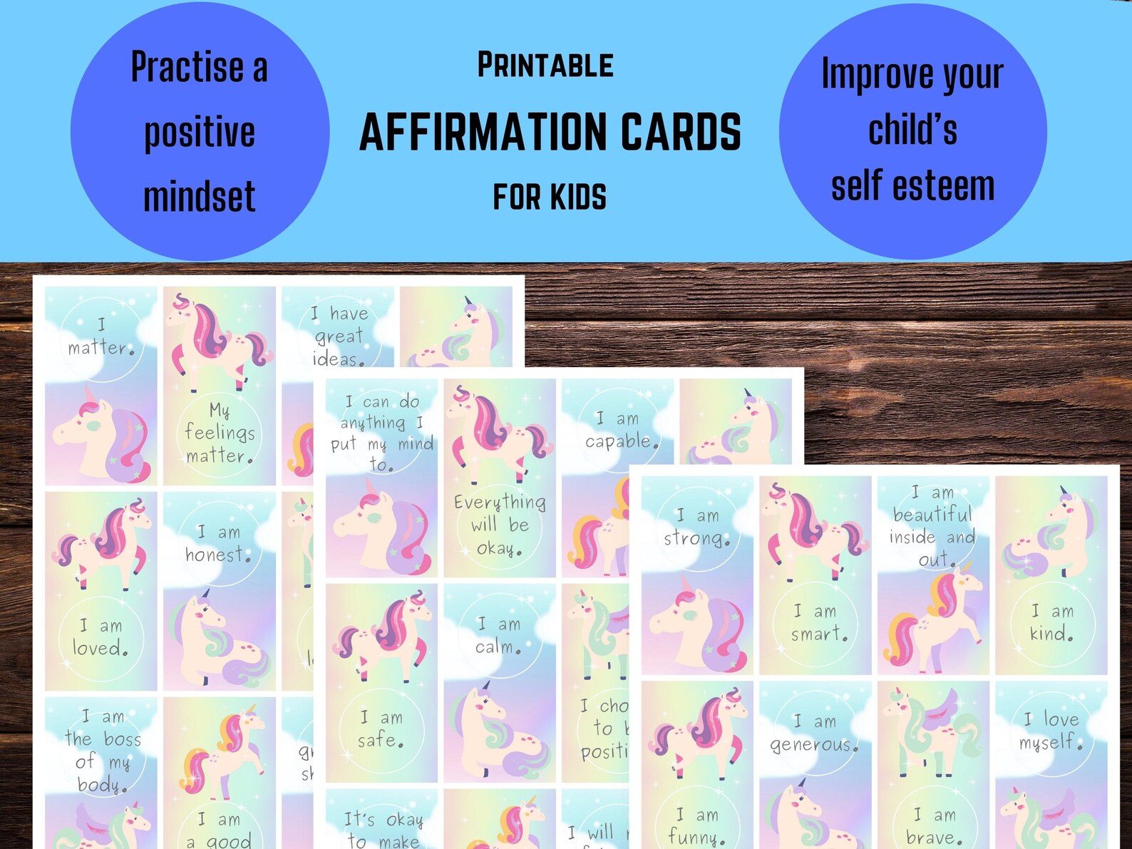 Printable Affirmation Cards, Kids Unicorn Affirmation Cards, 36 ...