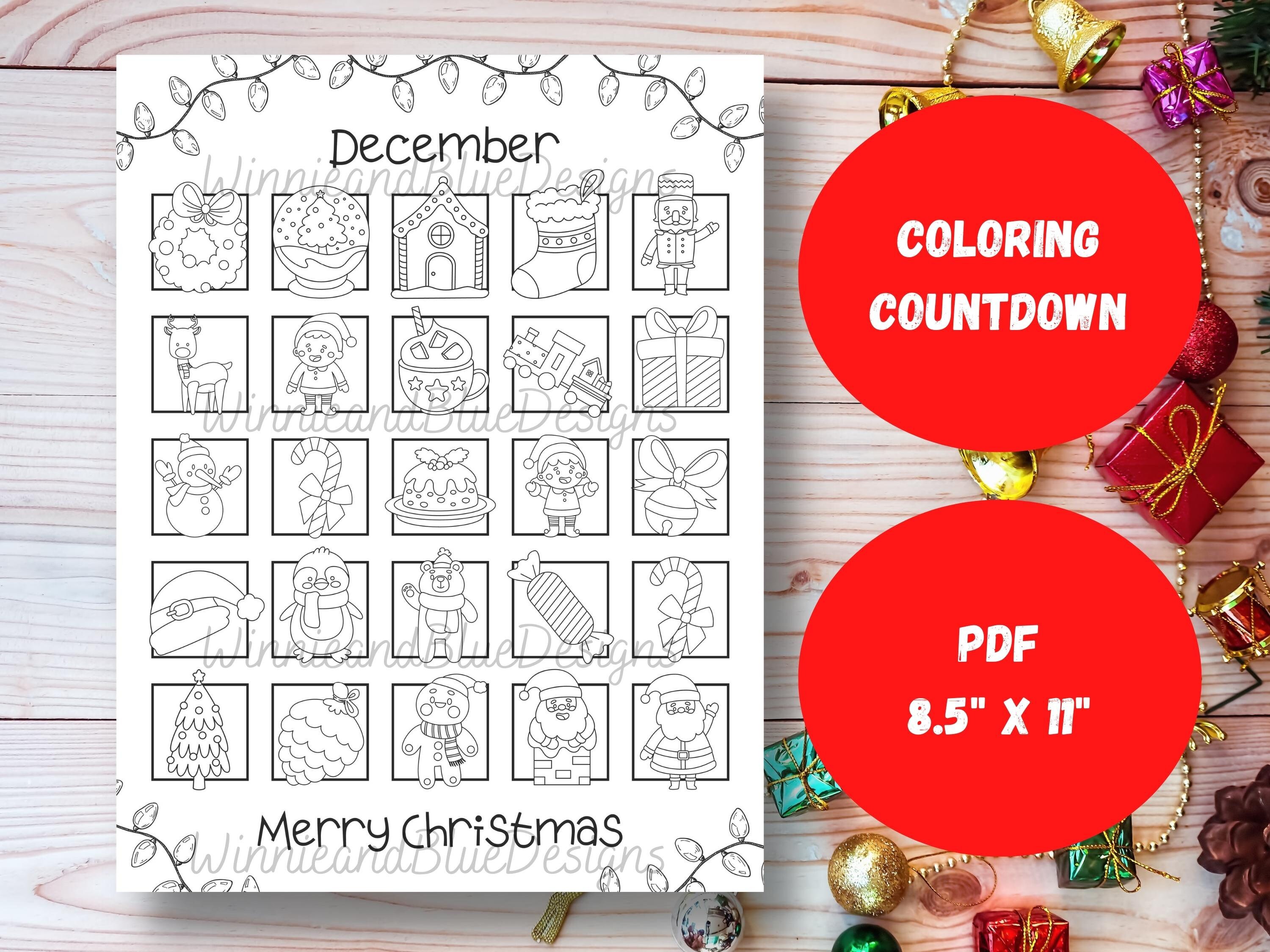 Printable Christmas Advent Calendar: Kids Xmas Coloring Page (PDF ...