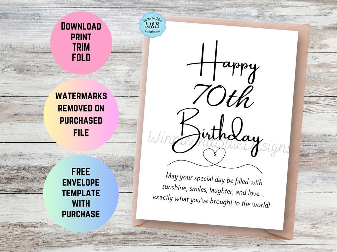 Printable 70th Birthday Card, Milestone Birthday Card for Grandma or ...