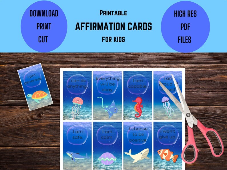 Printable Affirmation Cards for Kids, 36 Sea Creature Motivational ...