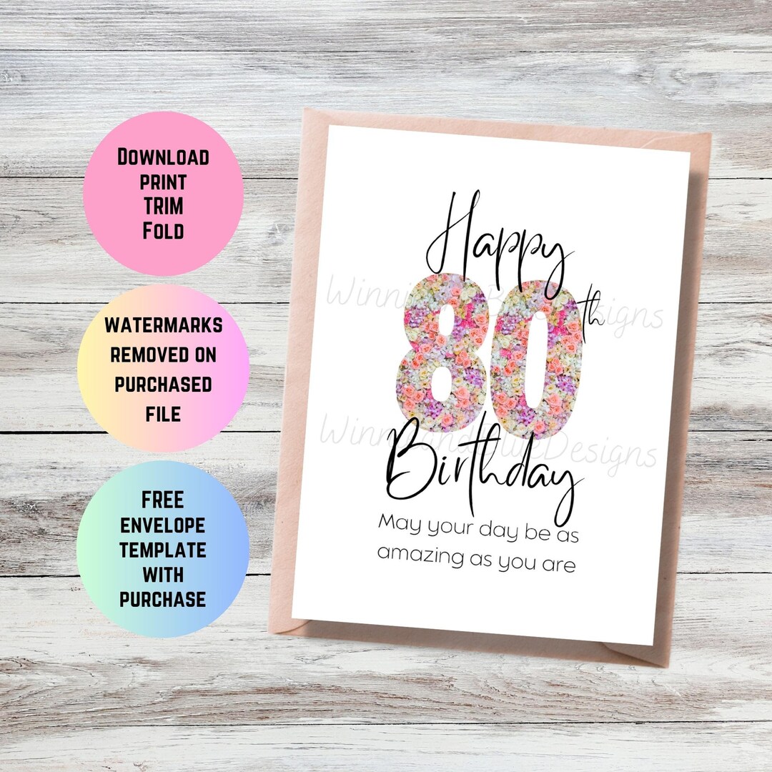 Printable 80th Birthday Card, Grandma or Grandpa Birthday Gift, Happy ...