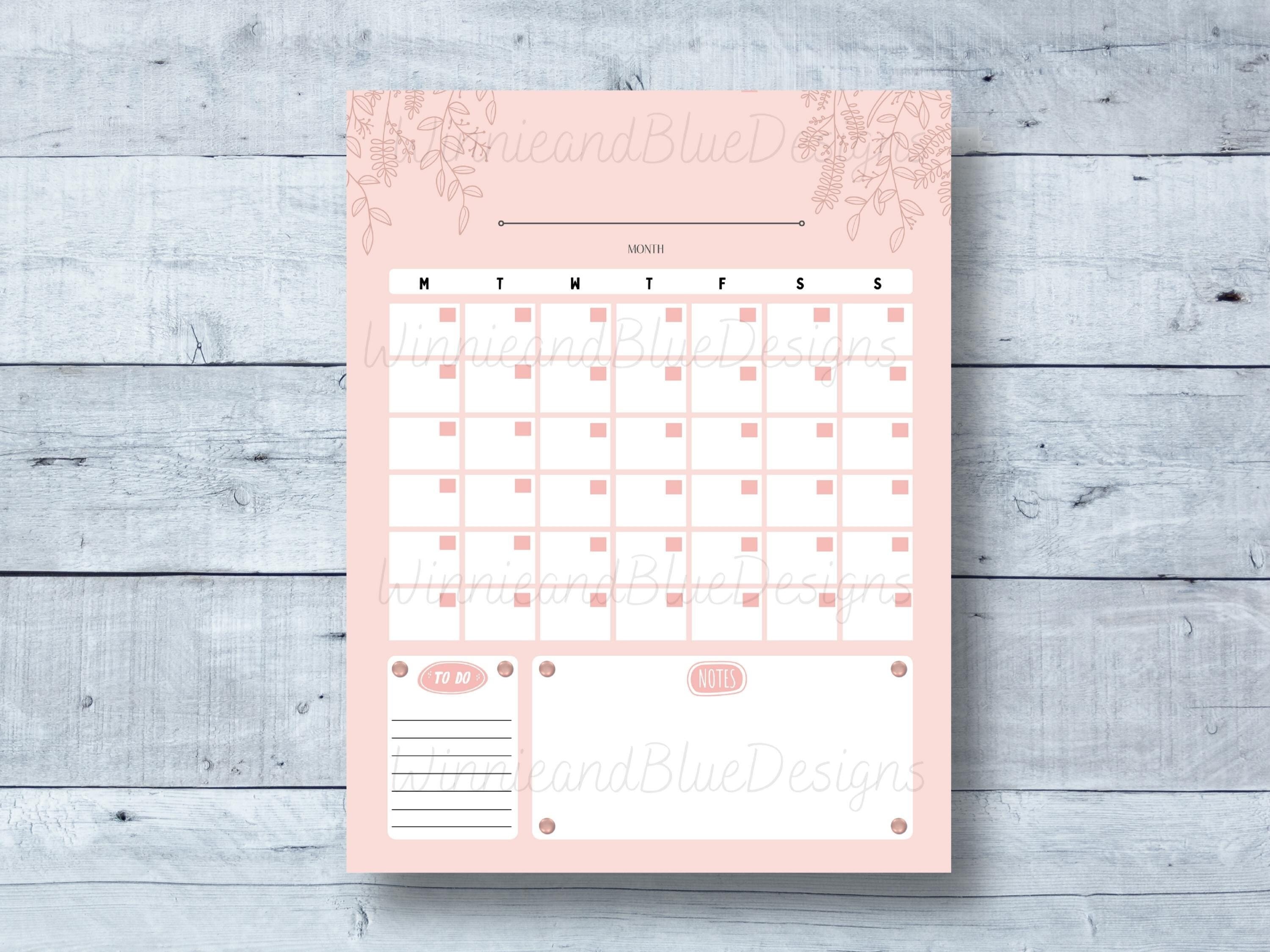 Printable Monthly Calendar, Pink Floral Blank Monthly Calendar Template ...