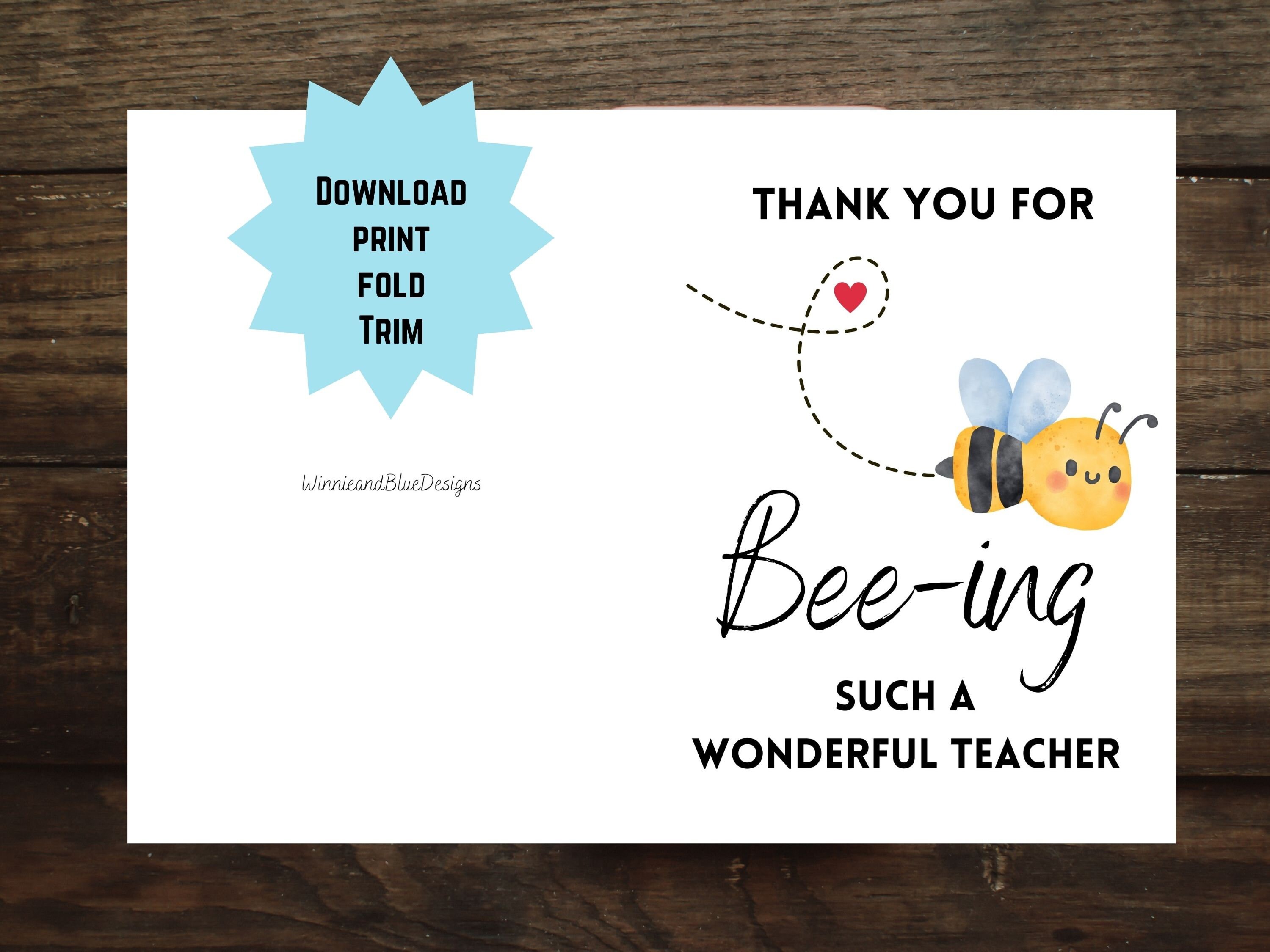 Printable Teacher Thank You Card Bee Card for Teacher - Etsy