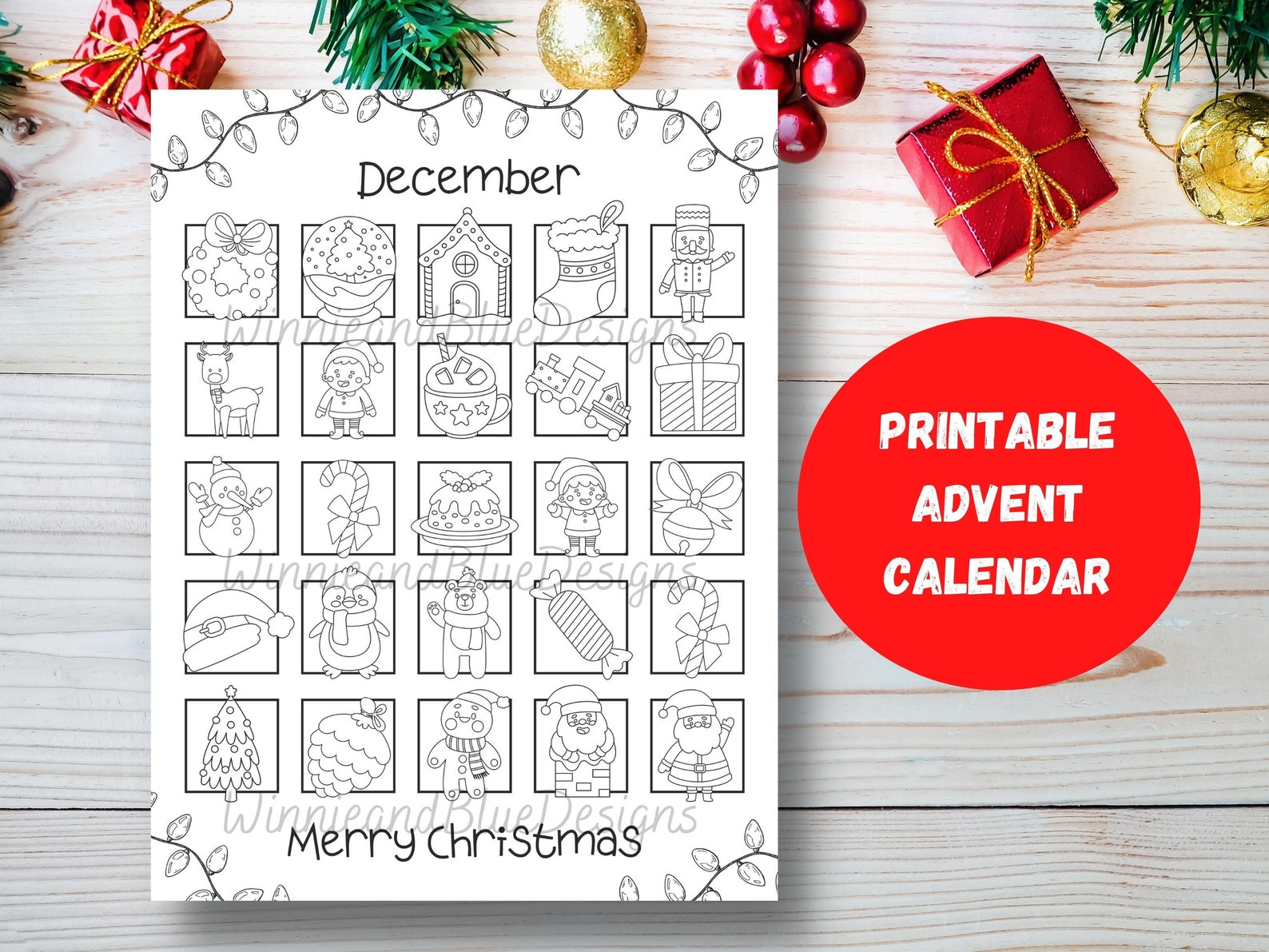 Printable Christmas Advent Calendar Kids Xmas Coloring - Etsy