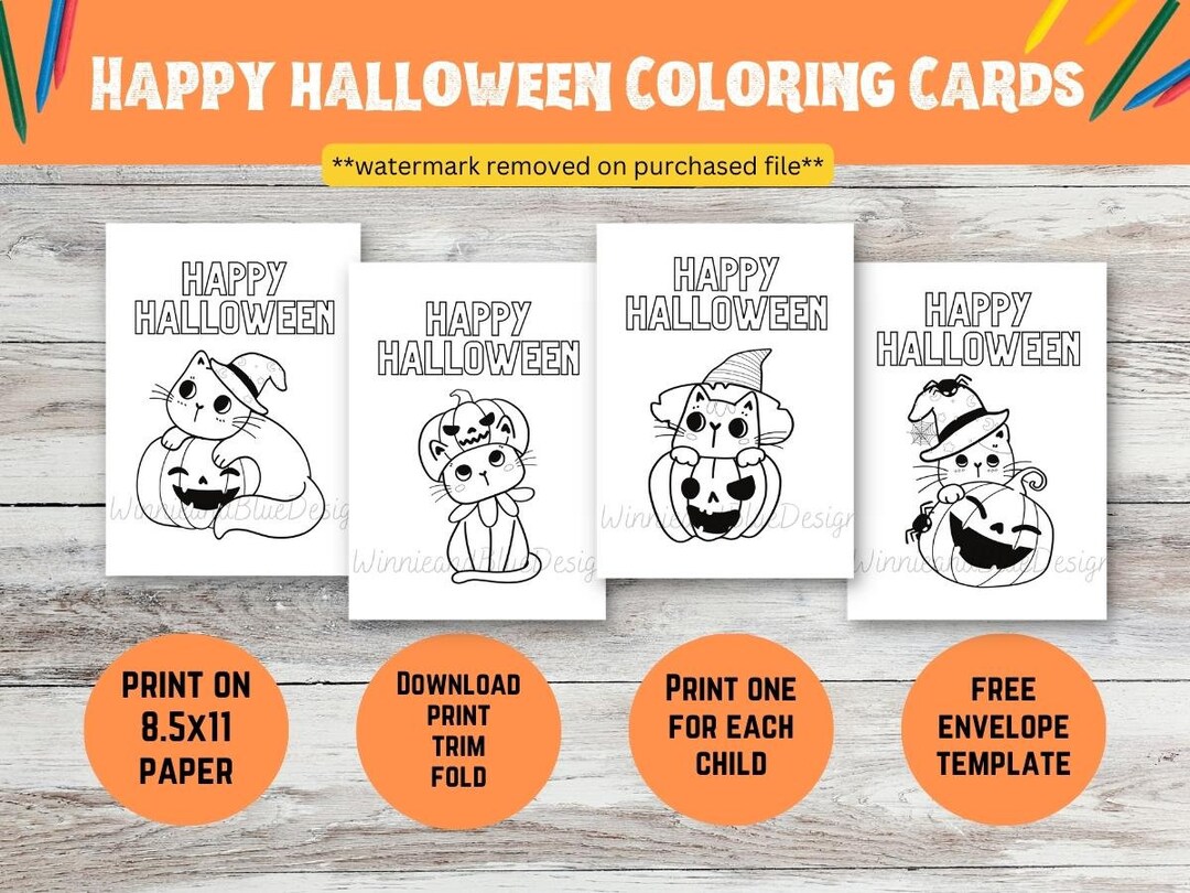 Halloween Cat Coloring Cards for Kids: Spooky DIY Crafts (PDF) - Etsy